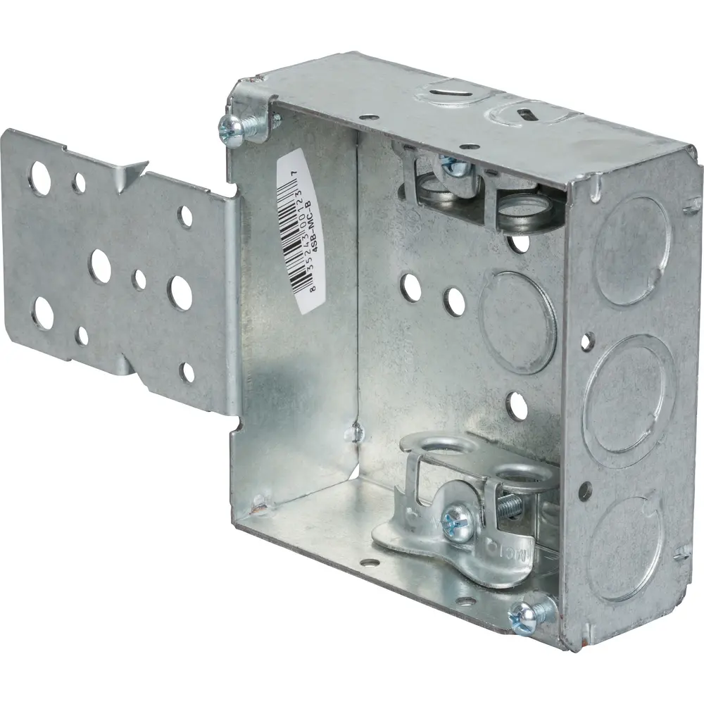 4" Square Box w/ BX/MC Clamps, B Bracket, 1/2" KO's, 1-1/2" Deep