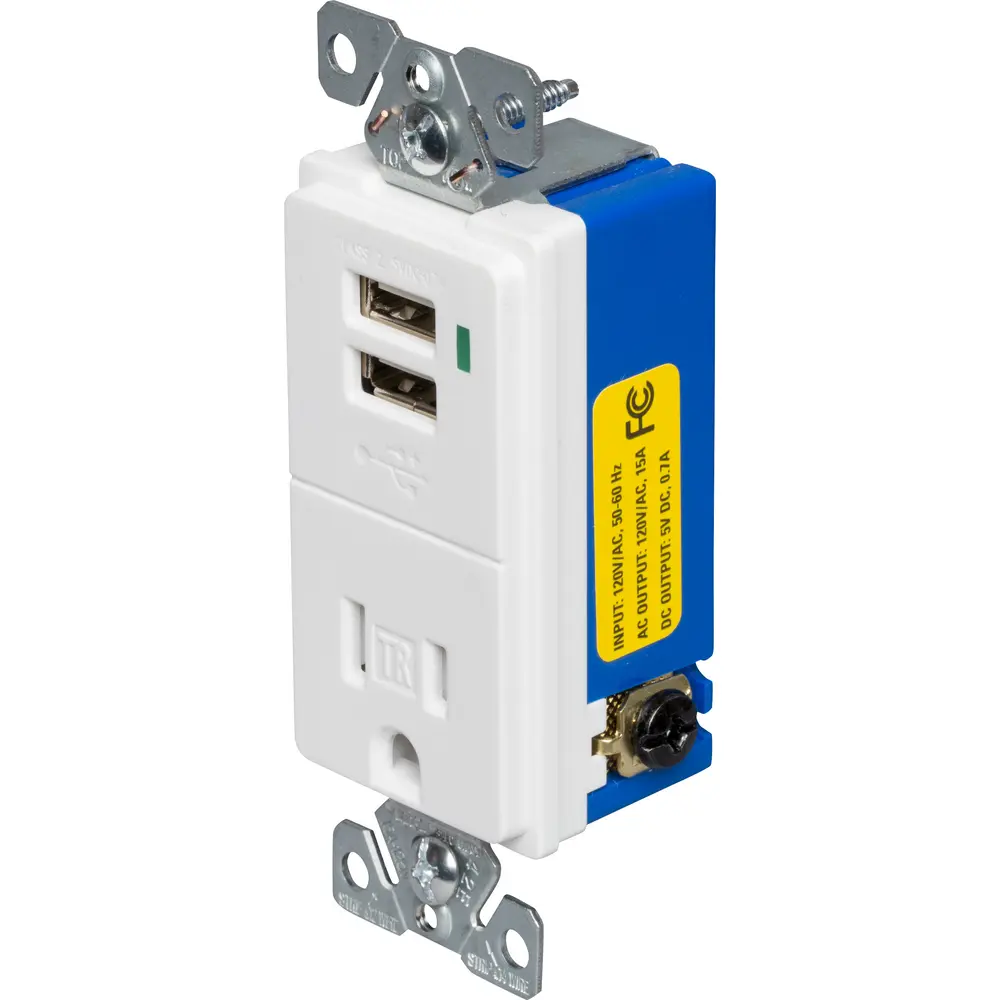 Combination USB Charger with Receptacle, 15A, 125 VAC, 5 VDC, White
