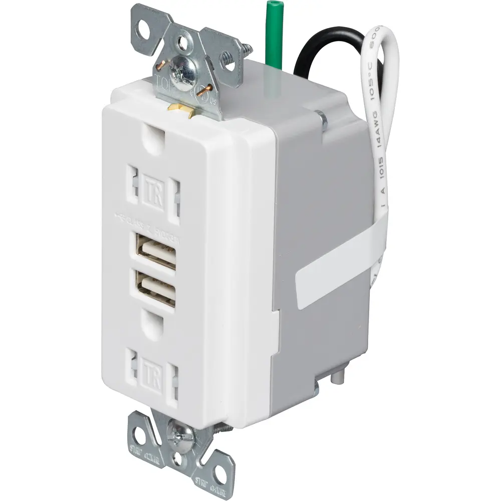 Combination USB Charger with Duplex Receptacle, 15A, 2-Pole, White