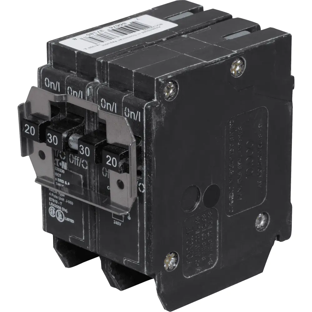 (1) 2P 20 A, (1) 2P 30 A, 120/240 VAC BQC Tandem Plug-In Circuit Breaker