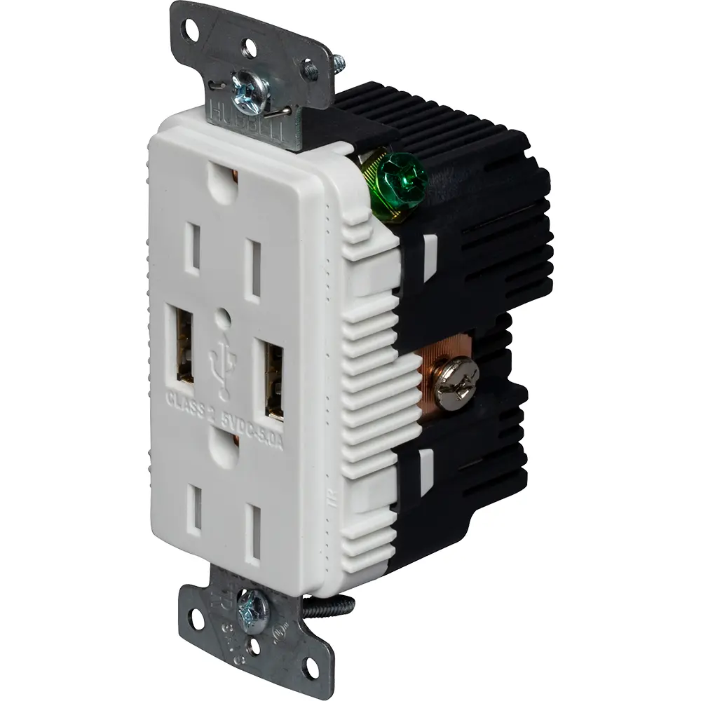 15 A 125 VAC USB Charger Duplex Receptacle, (2) 5A USB Ports, White