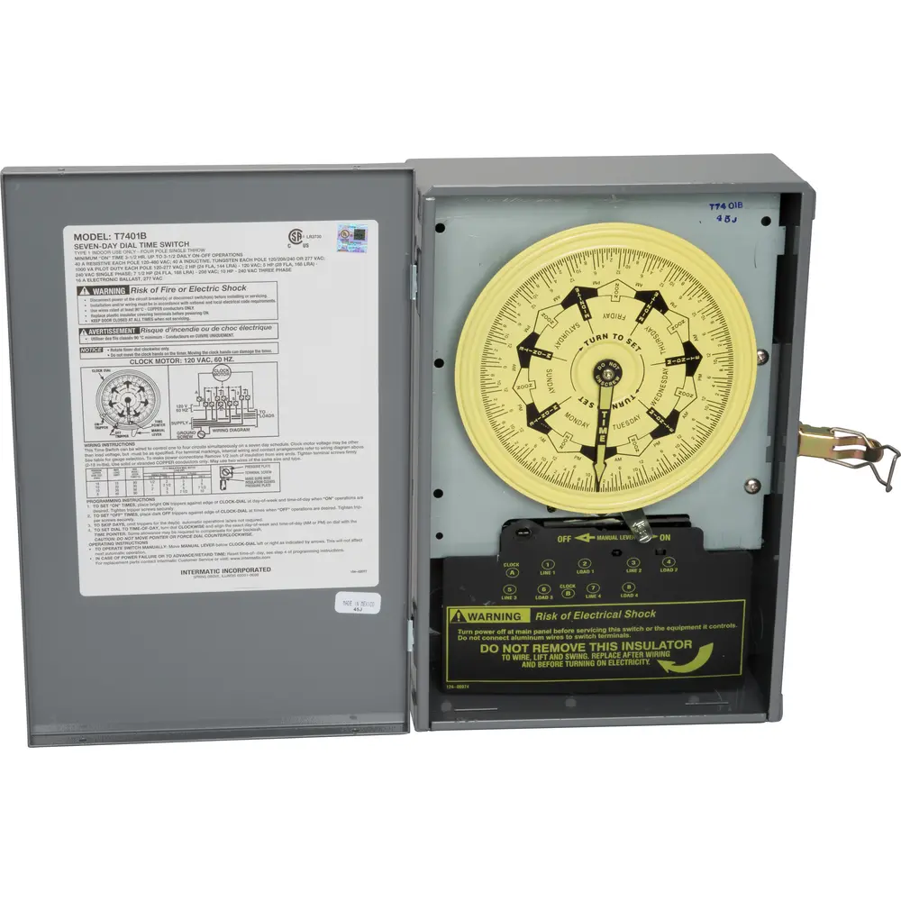 7-Day Mechanical Time Switch, 120 VAC, 60Hz, 4-SPST, 3.5 Hour Interval