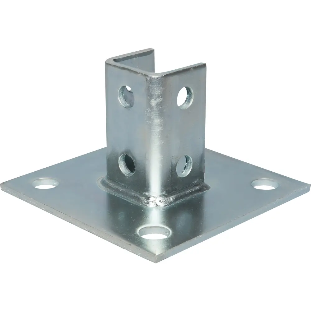 3-1/2" 4-Hole Square Post Base, Single Channel, Zinc Plated