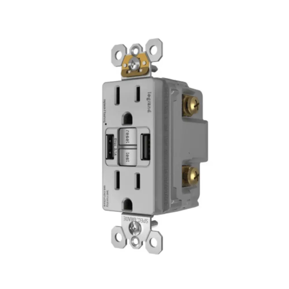 15 A 125 VAC Radiant® Tamper-Resistant GFCI USB Outlet, 2 A, Gray