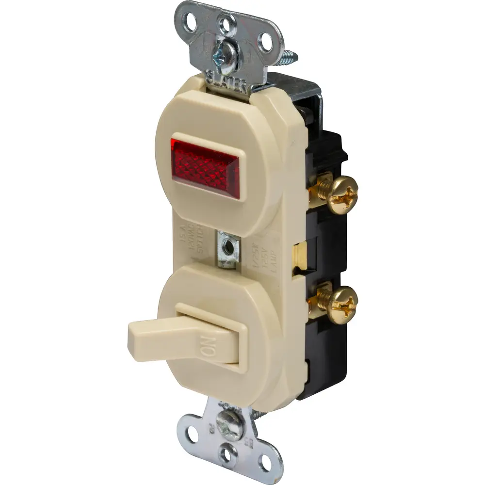 15 A 120/125 VAC Non-Grounding Combination Switch/Pilot Light, Single-Pole, Ivory