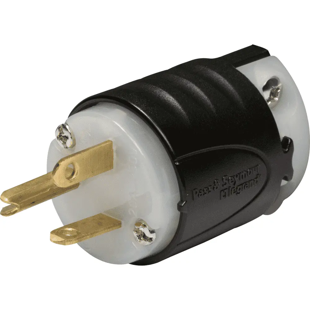 20 A 250 VAC Straight Blade Plug, 6-20P, Black/White