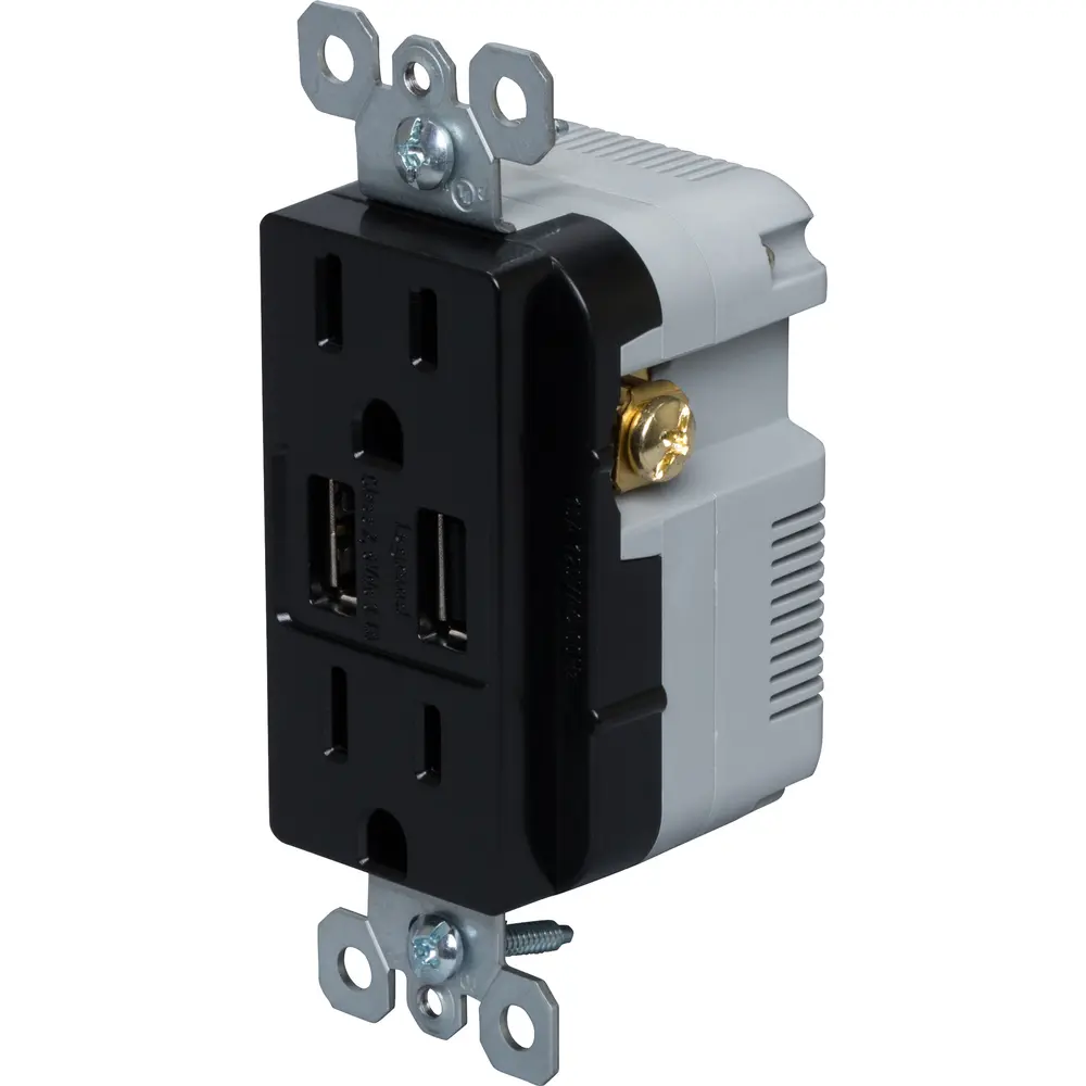15 A Radiant® Tamper-Resistant USB A Outlet, 3.1 A, Black, 120 VAC