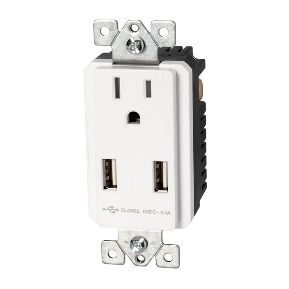 125 VAC 15 A Tamper Resistant Single Duplex Receptacle w/ Dual USB, White