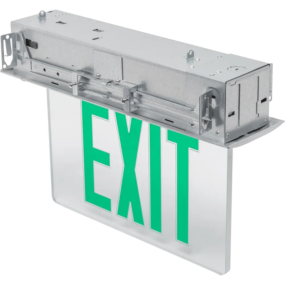 120/277 VAC Recessed Edge-Lit LED Exit Sign, Single Face, Green/Anodized Aluminum, Emergency Backup