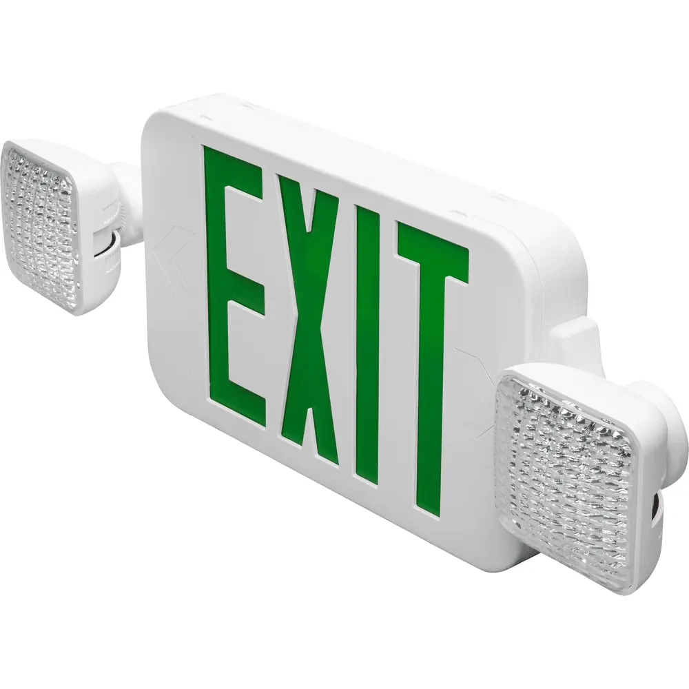 120/277 VAC LED Exit/Emergency Light, 3-Face/2 Heads, Green/ White ...