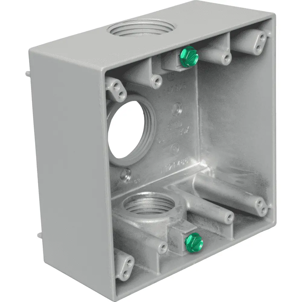 2-Gang Weatherproof Outlet Box, (3) 1" Holes, Gray