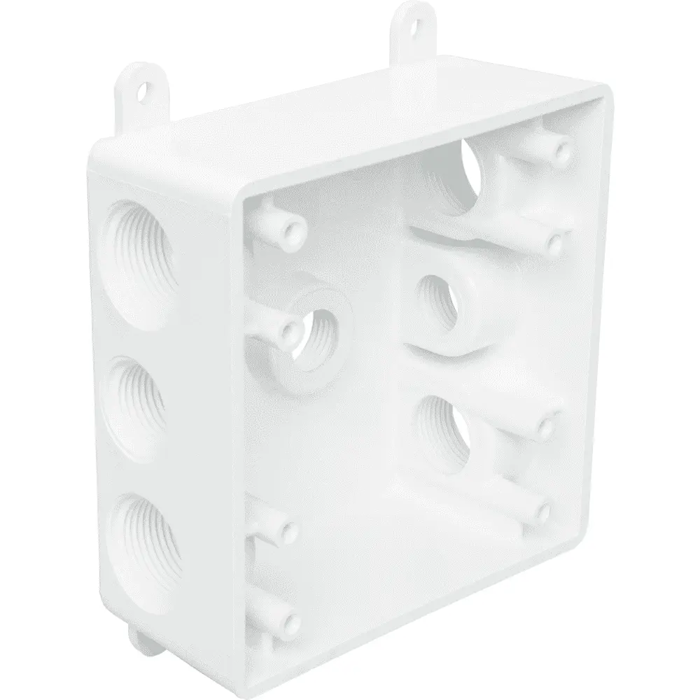 2-Gang Weatherproof Box, (7) 1/2" to 3/4" Outlets, White